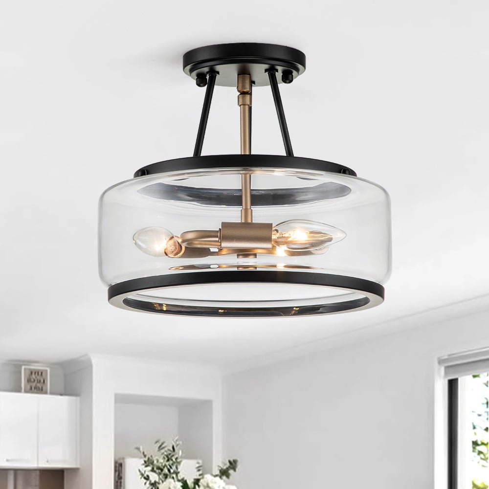 Modern Farmhouse Drum Glass Semi Flush Mount | LightFixturesUSA | Clear Glass Lantern Flush ...