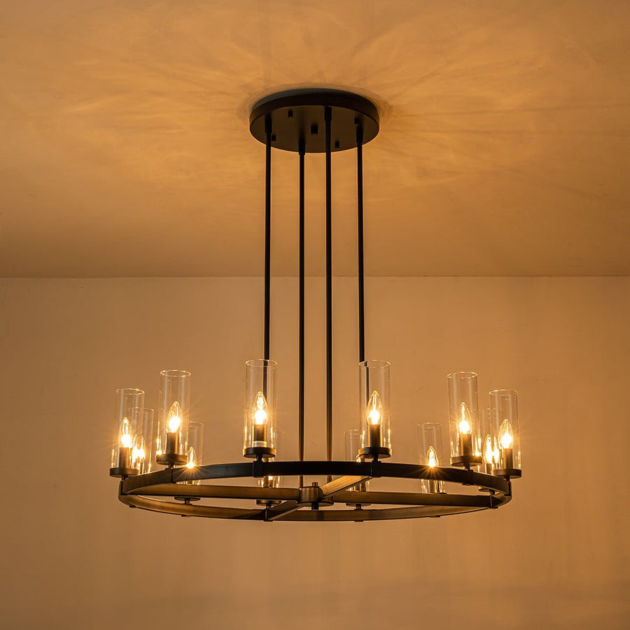 12-Light Clear Glass Shade Wagon Wheel Chandelier | LightFixturesUSA