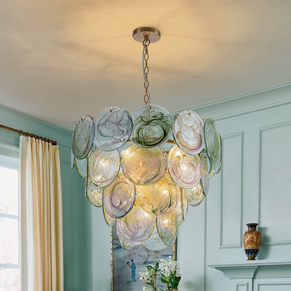 Art Deco Green Iridescent Swirl Glass Tier Chandelier LightFixturesUSA