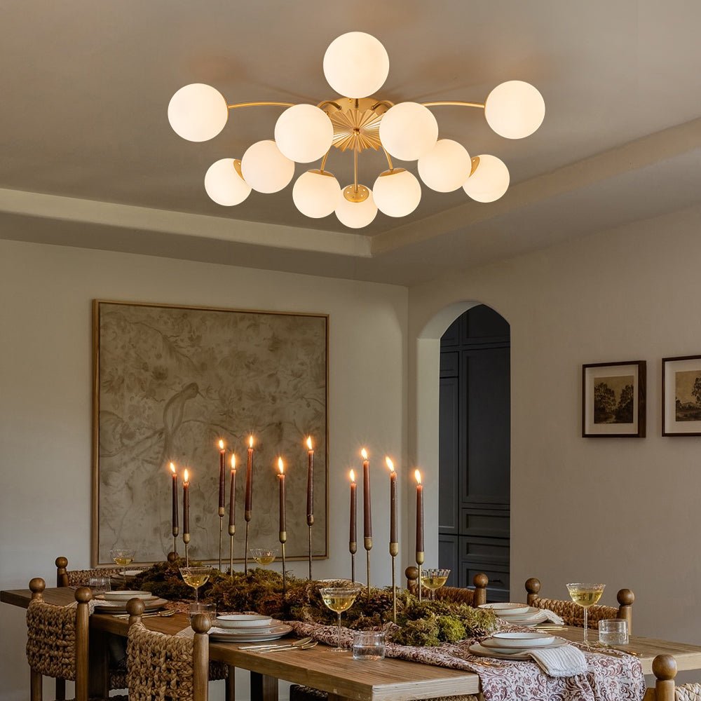 Brass 12-Light Opal Glass Bubble Semi Flush Chandelier | LightFixturesUSA