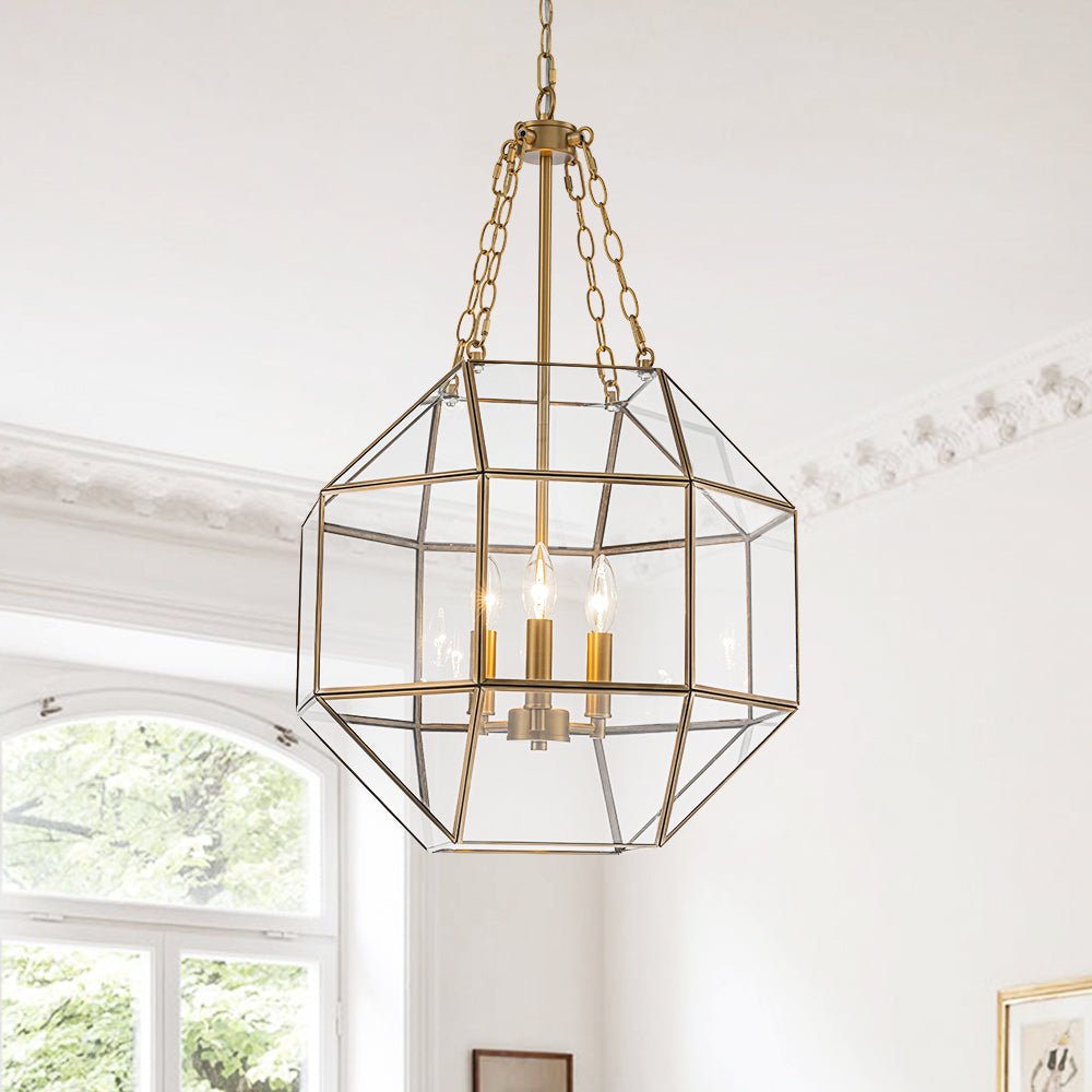 Brass Clear Glass Geometric Cube Lantern Pendant | LightFixturesUSA