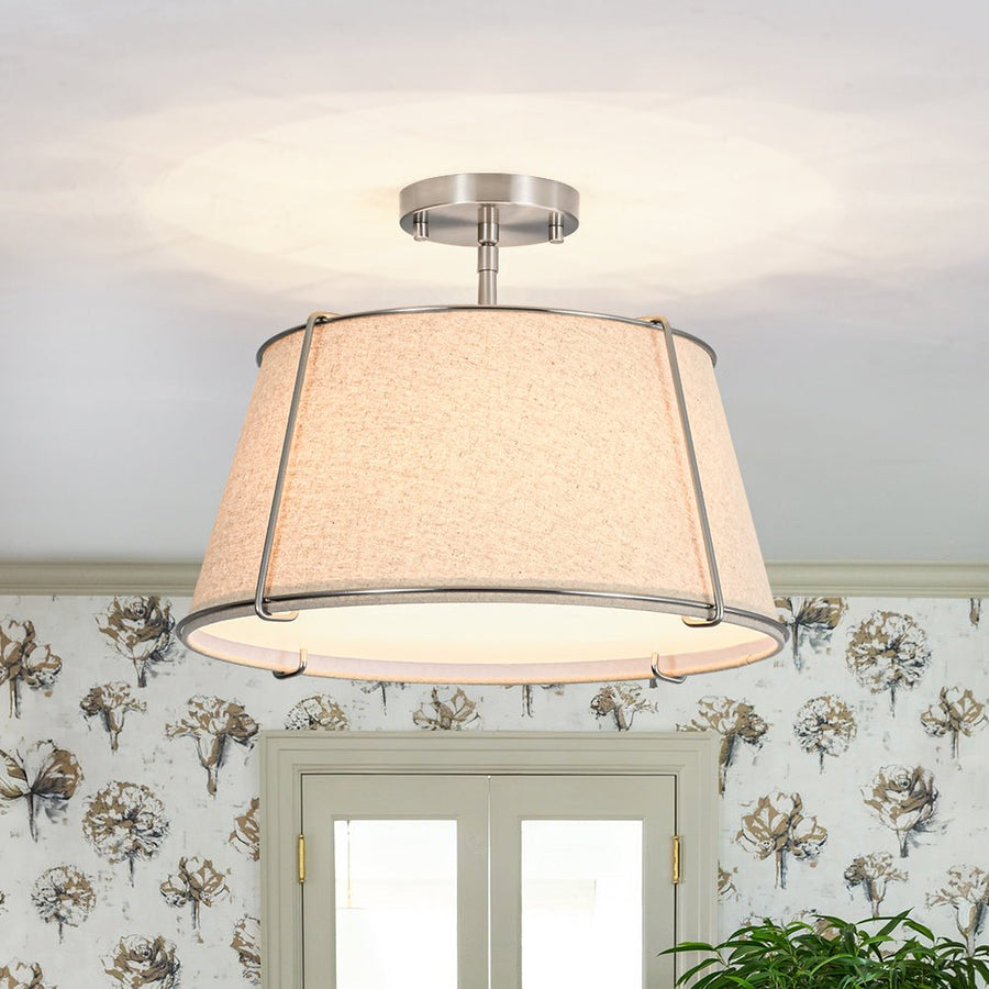 Contemporary Wide Linen Drum Brass Semi Flush Mount | LightFixturesUSA