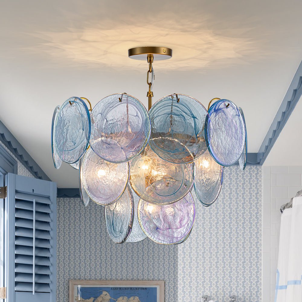 Blue Iridescent Swirl Glass Round Tiered Chandelier | LightFixturesUSA