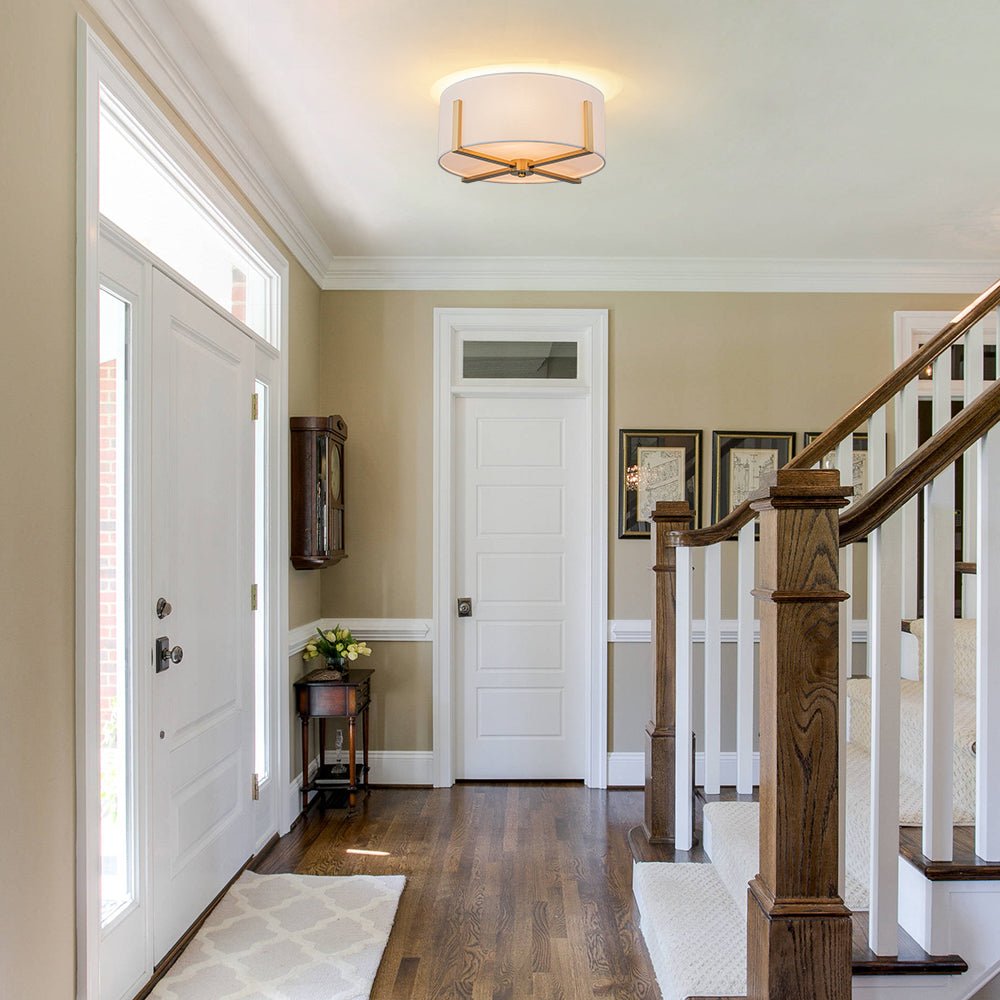 Modern Wide Drum White Fabric Cage Flush Mount Light LightFixturesUSA