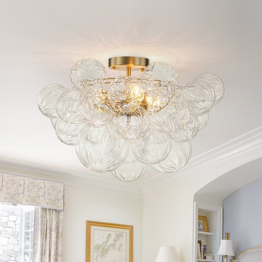 3-Light Brass Glass Globe Bubble Ceiling Light | LightFixturesUSA
