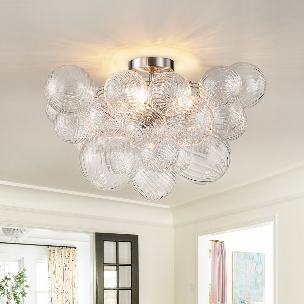 3 Light Brass Ribbed Glass Globe Bubble Semi Flush Lightfixturesusa